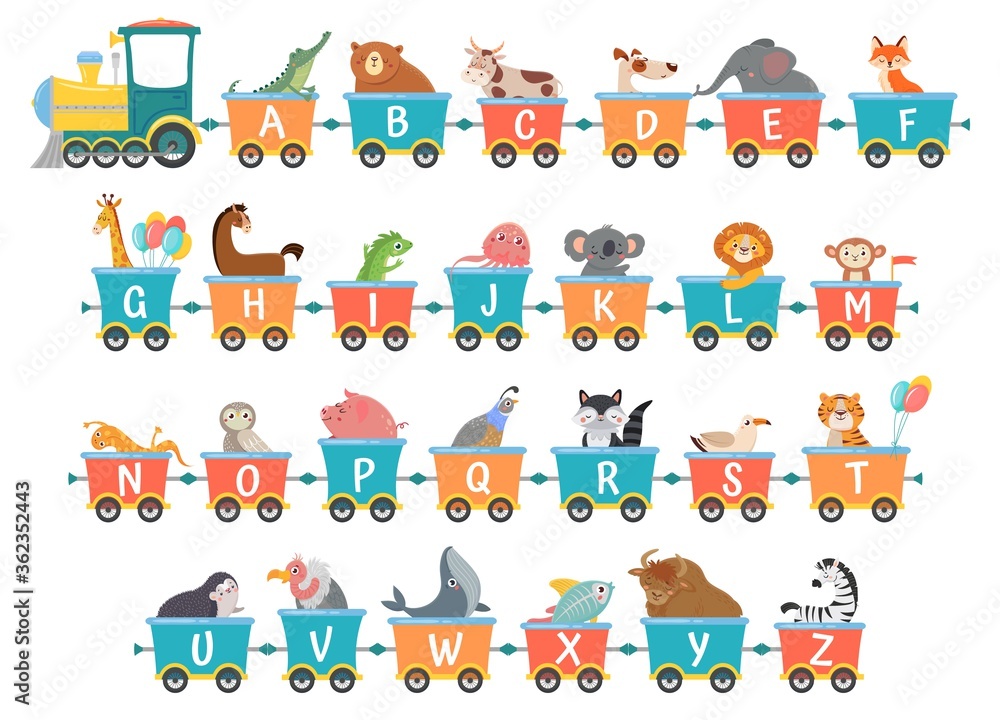 Alphabet train with animals. Cartoon animal illustration in van ...