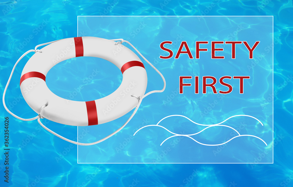 Safety first. Life buoy in swimming pool with clean blue water Stock ...
