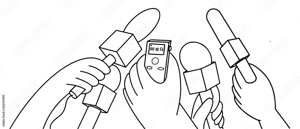 hands with microphone and voice recorder. Vector illustration doodle ...