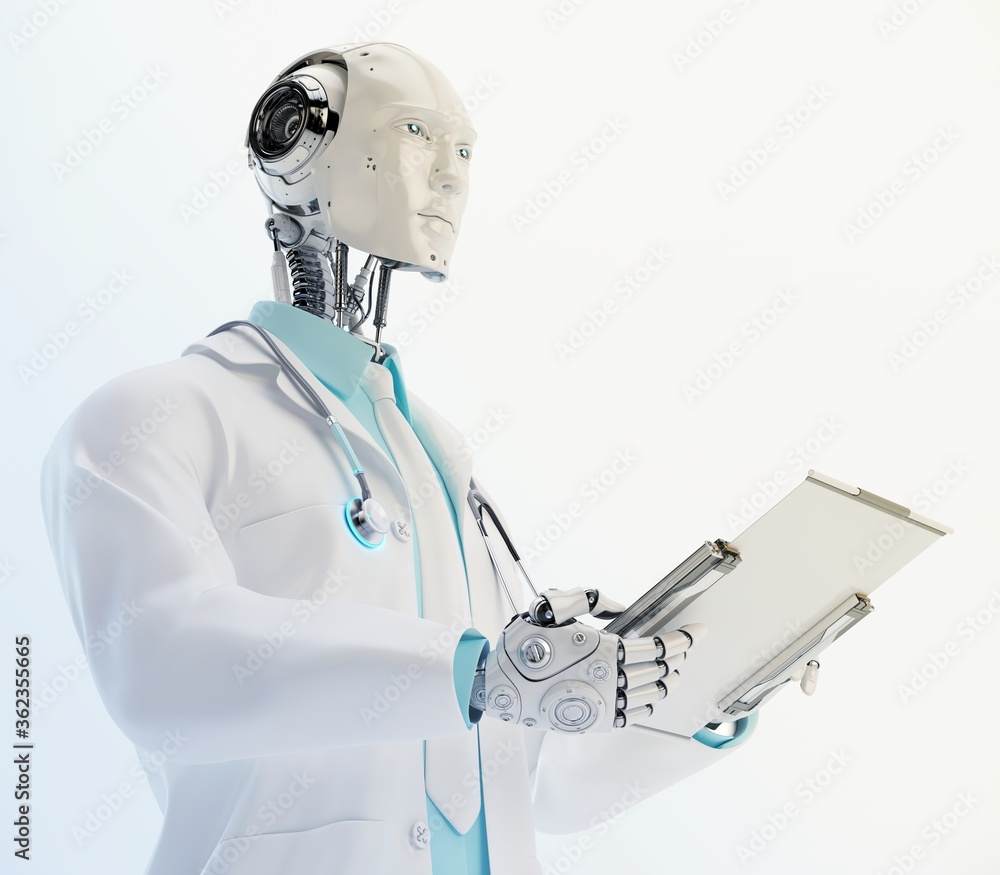 Humanoid robot doctor with stethoscope wears medical gown and tie ...