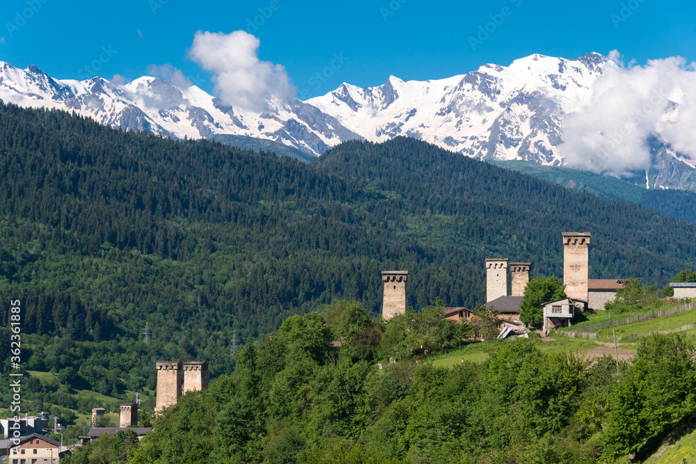 Ancient towers at Mestia town. a famous landscape in Mestia, Samegrelo ...