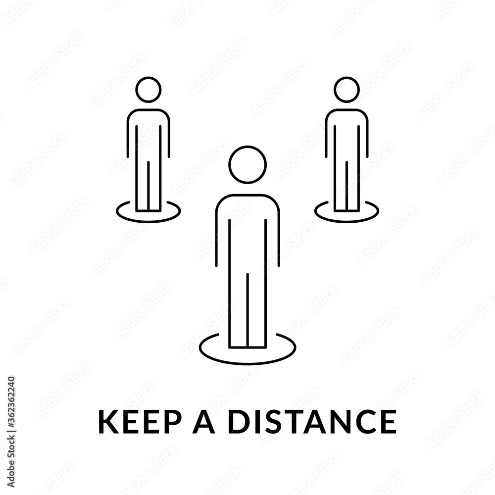 Please keep your distance concept. Three people standing in the circles ...