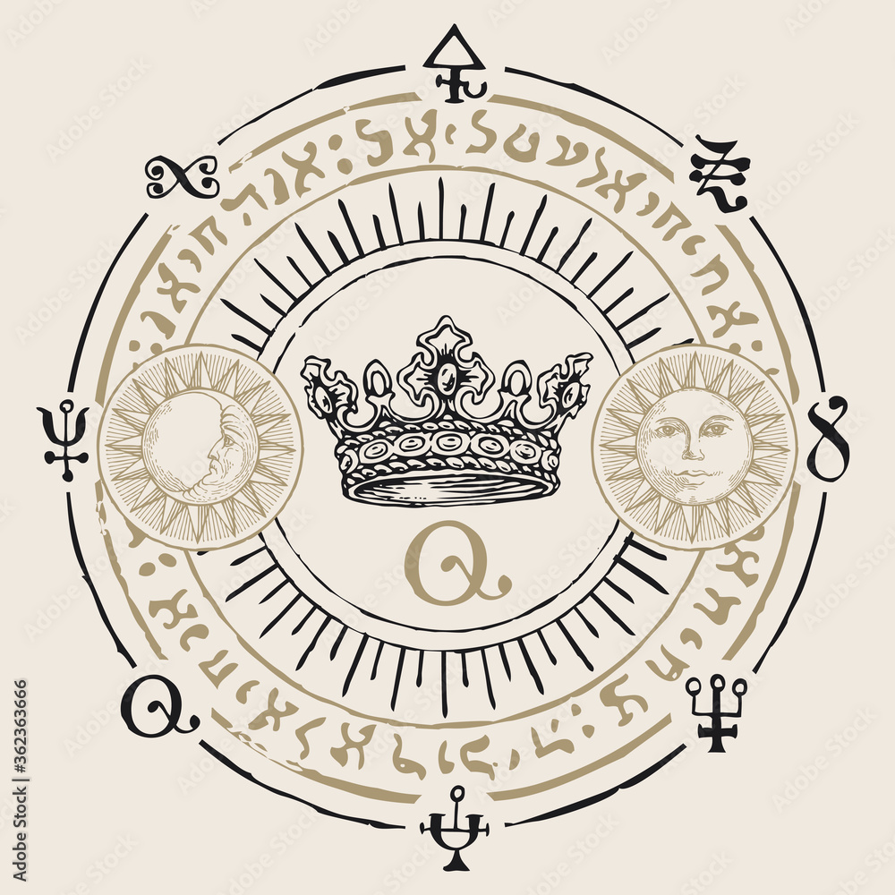 Hand-drawn crown and magical symbols in retro style. Vector banner with ...