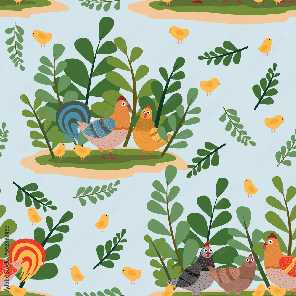 Seamless background with domestic birds. Roosters, hens, chickens and ...