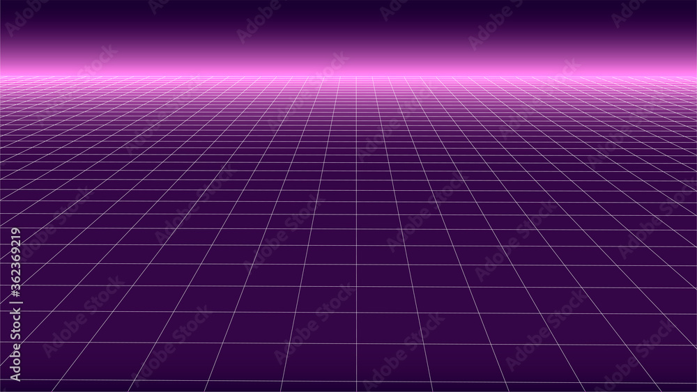 Synthwave background. Retro futuristic backdrop with perspective grid. Pink glow in distance ...