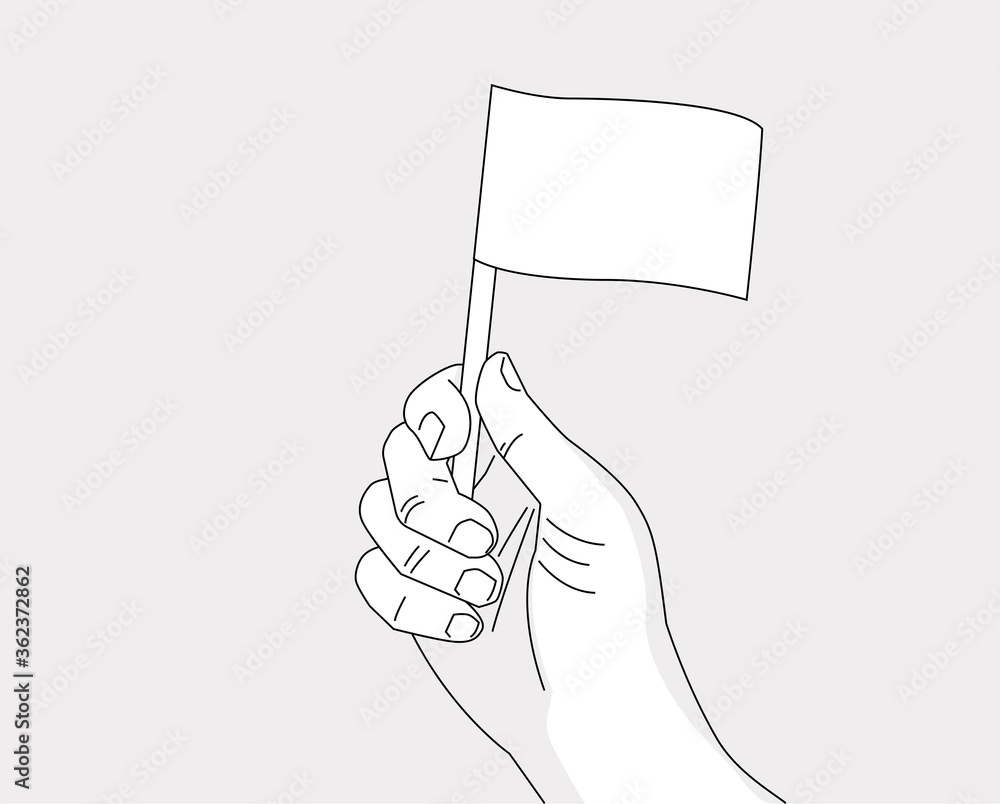 Hand holding flag - vector line art drawing template of a hand with a ...