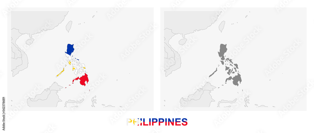 Two versions of the map of Philippines, with the flag of Philippines ...