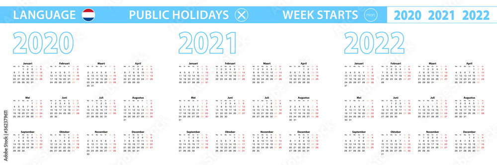 Simple calendar template in Dutch for 2020, 2021, 2022 years. Week ...