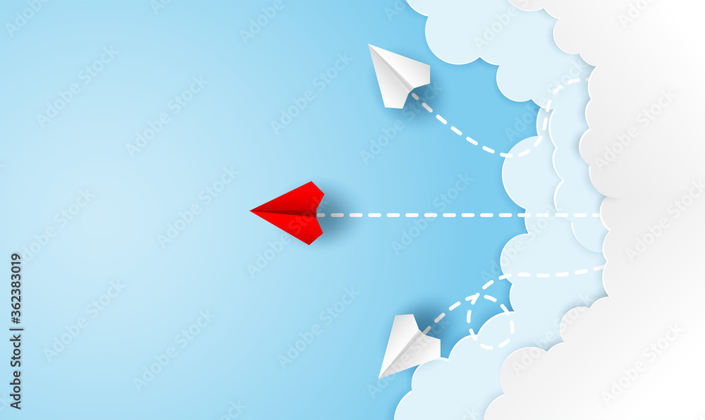 Different business concept.Red paper plane changing direction from ...