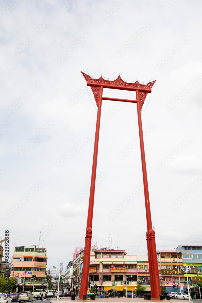 Bangkok,Thailand-July 4,2020:The landmark is wood red pole name "Sao ...