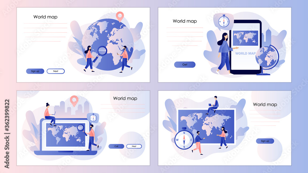 Geography concept. World map. Tiny people study atlas Earth. Screen ...