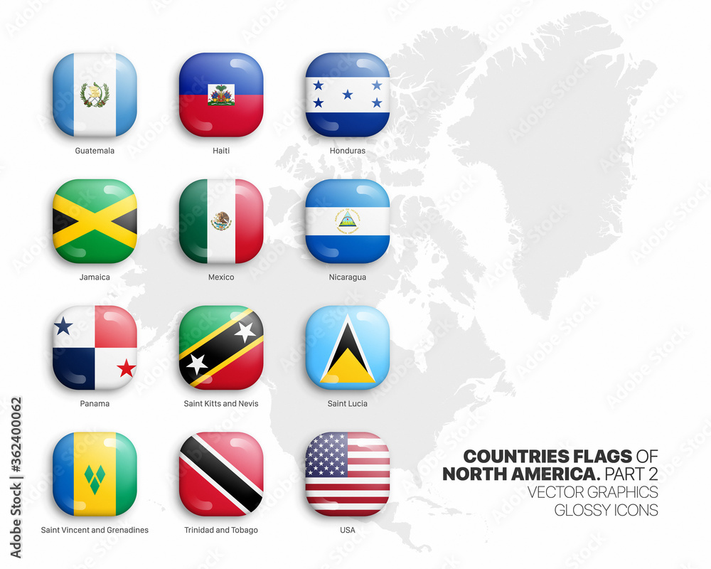 North America Countries Flags Vector 3D Glossy Icons Set Isolated On ...