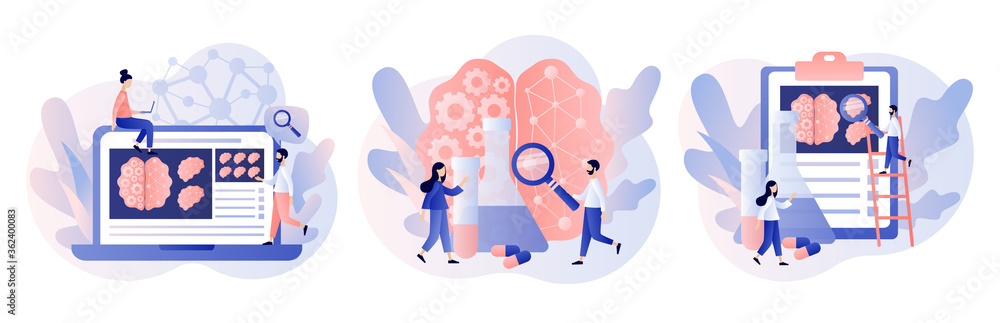 Neurology science and brain research concept. Tiny people study human ...