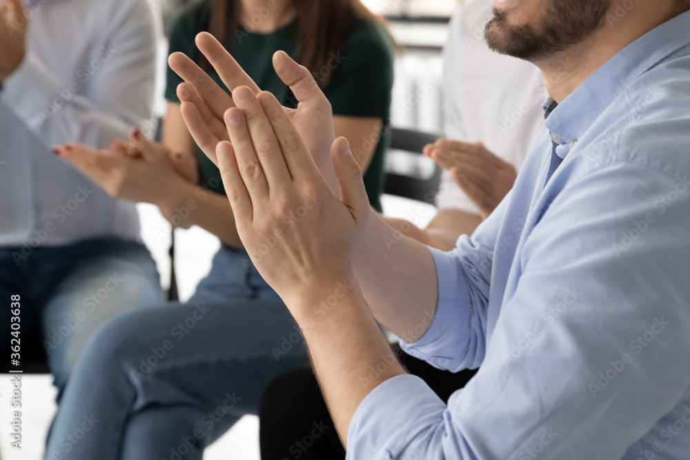 Businesspeople employees clapping hands express gratitude to trainer ...