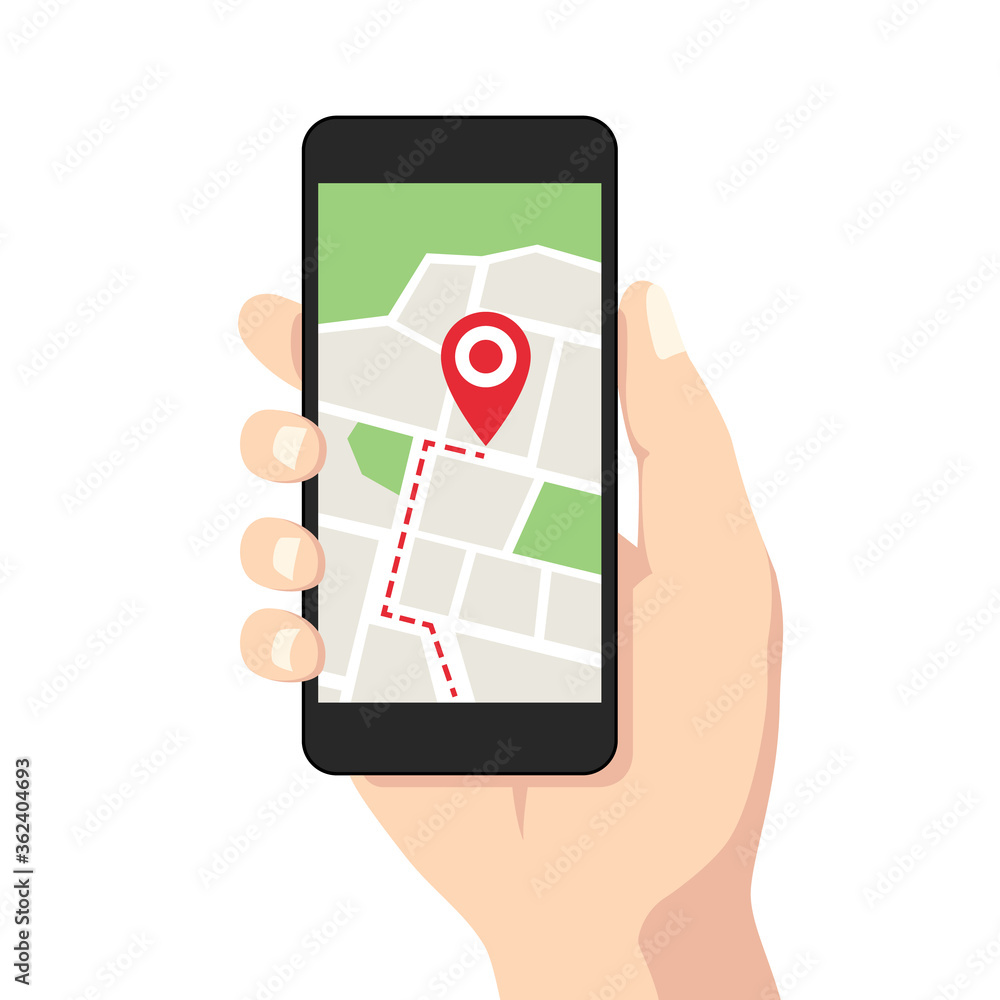 Holding black digital smartphone with map & marker in hand, flat design ...