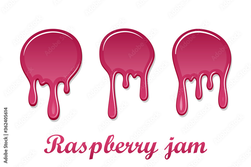 Raspberry drip jam 3D set. Sweet raspberries splash isolated white ...