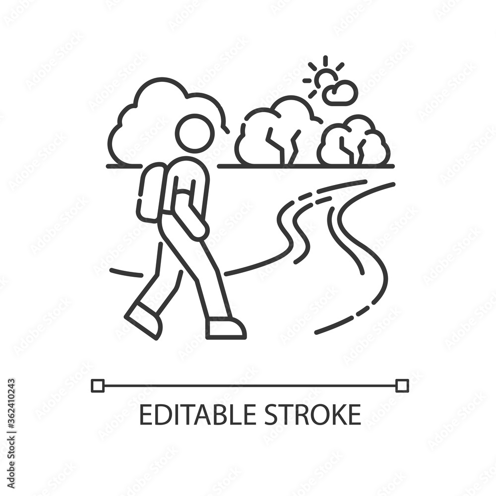 Hiking trail pixel perfect linear icon. Active outdoor recreation ...