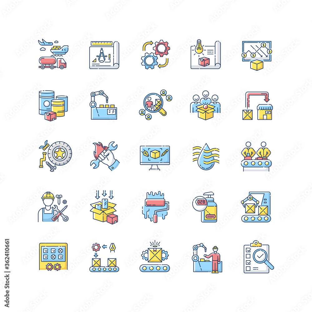 Production process RGB color icons set. Manufacturing industry ...
