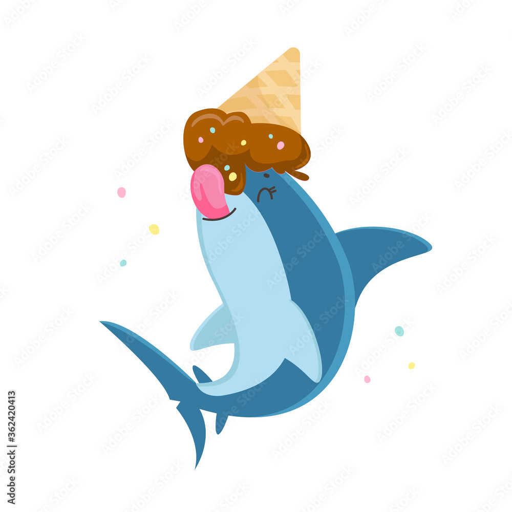 Cute Shark Character Licking Melted Ice Cream Cone Lying on its Head ...