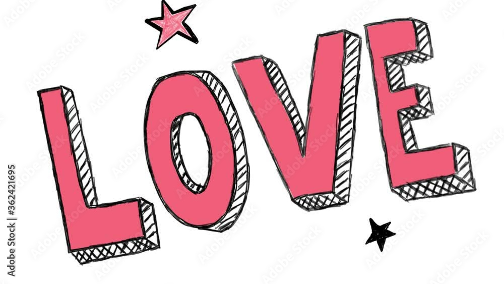 Hand drawing animated word LOVE red color with dark shadows with stars ...