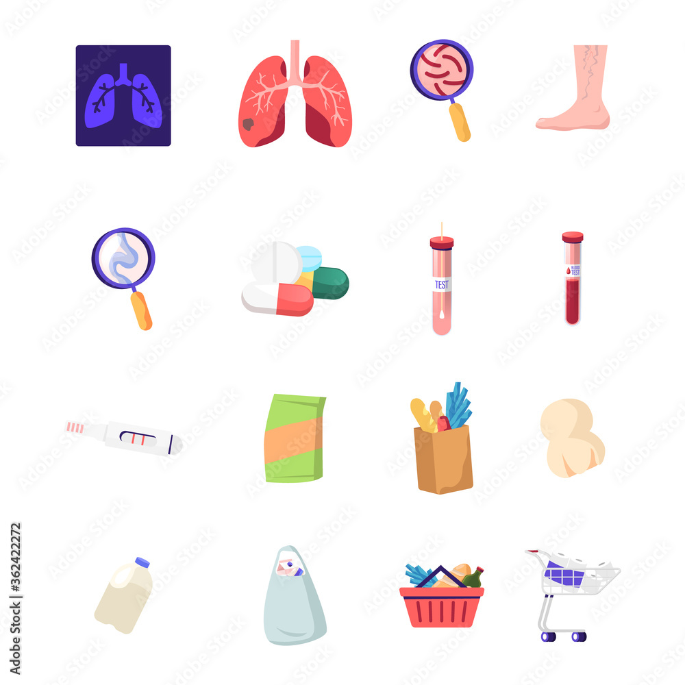 Set of Medicine Icons Xray of Diseased Lungs, Germs under Magnifier and ...