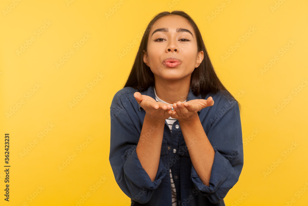 Devotion, romantic feelings. Portrait of beautiful girl in denim shirt ...