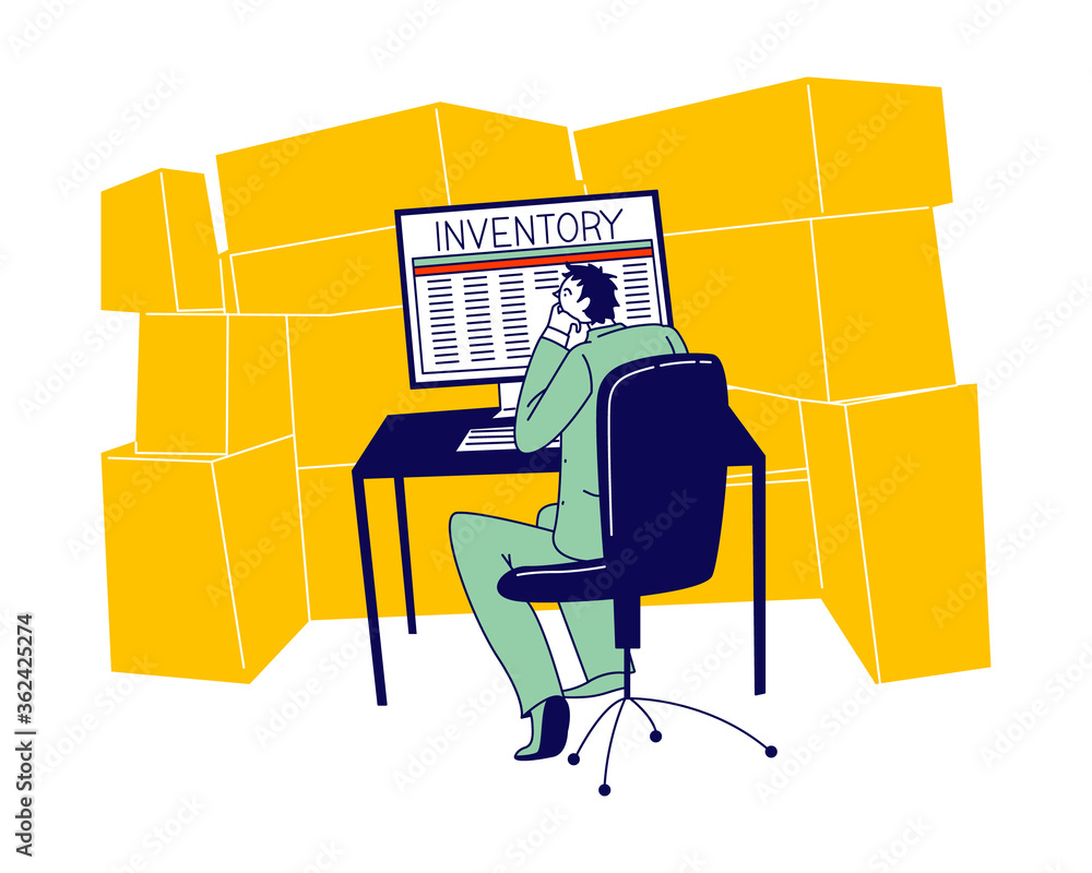 Inventory Manager Male Character Sitting in Warehouse with Stacks of ...