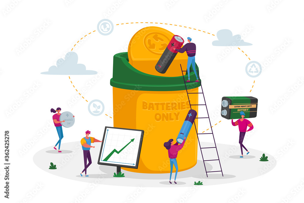 Battery Recycle Concept. Tiny Characters Put Batteries Trash to Huge ...