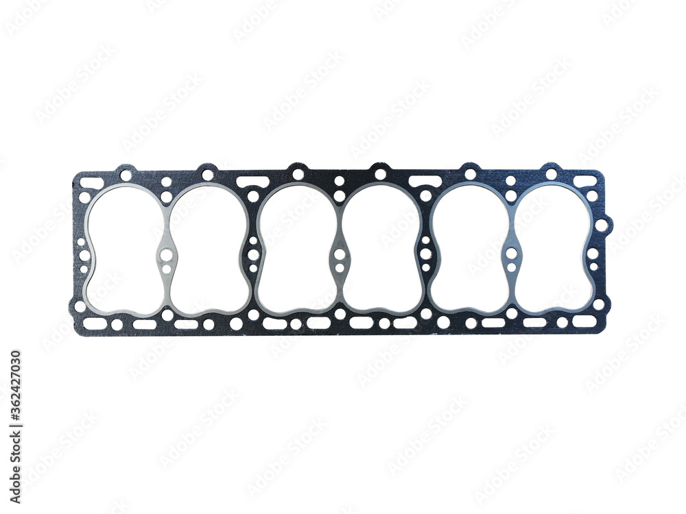 6-cylinder engine block head gasket on an isolated white background ...