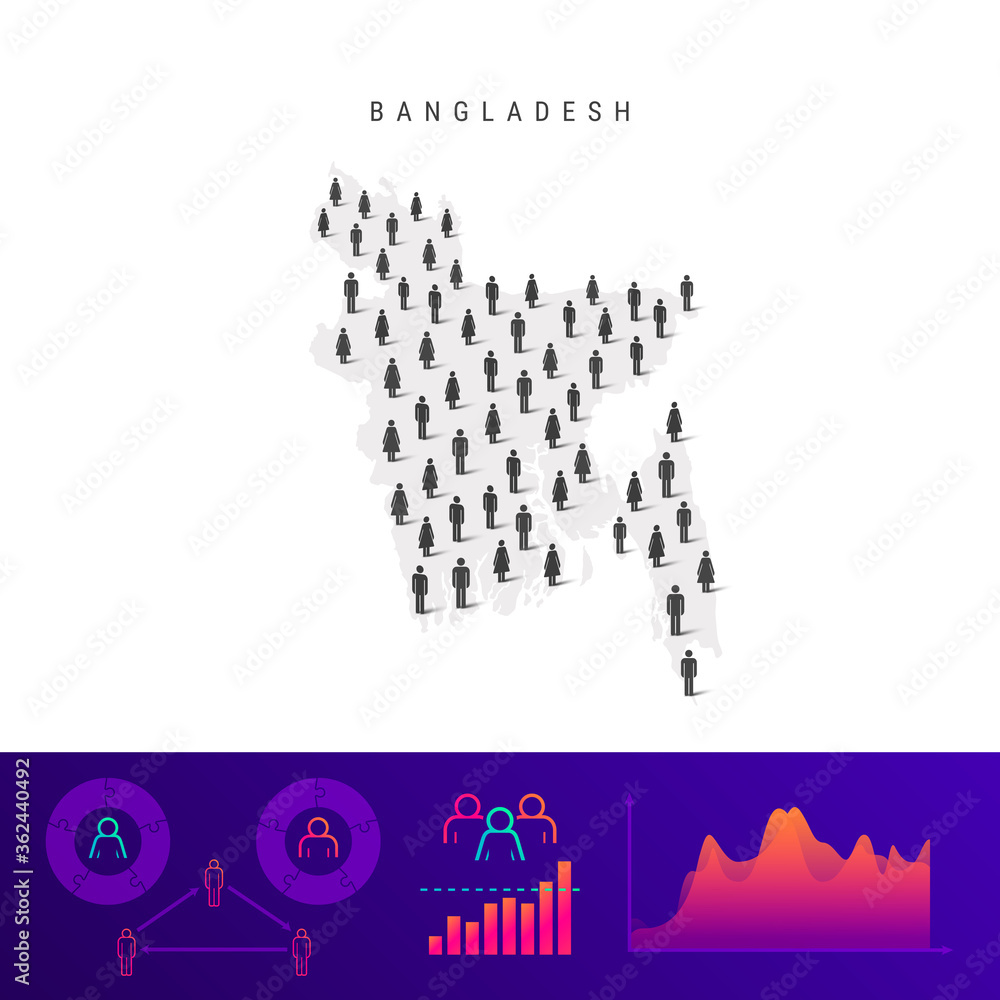 Bangladesh people map. Detailed vector silhouette. Mixed crowd of men ...