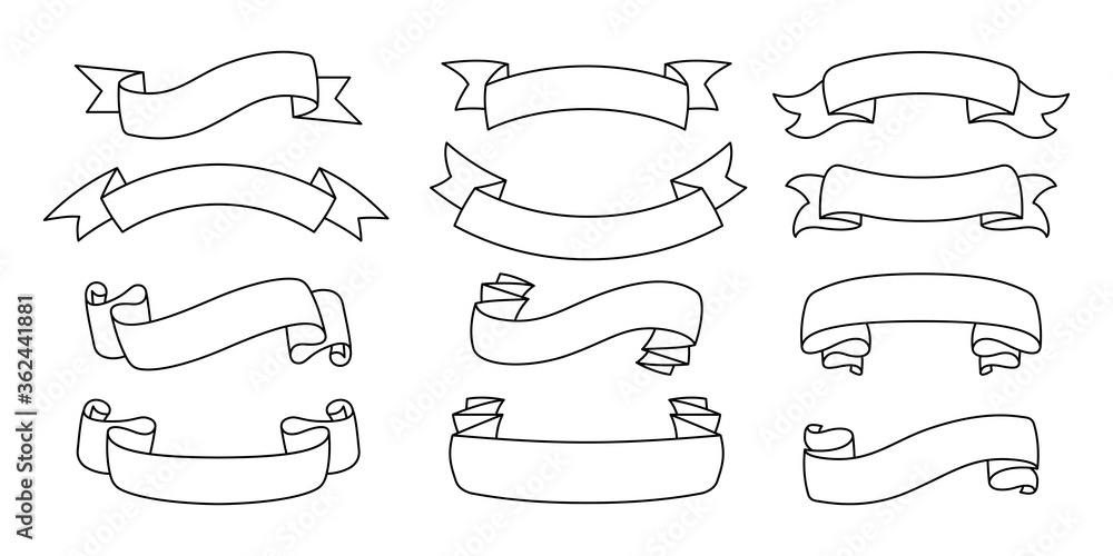 Ribbon outline hand drawn set. Tape blank flat collection, decorative ...