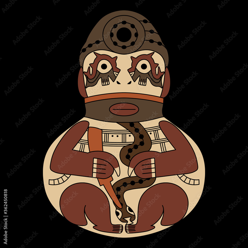 Fantastic character. Shaman with snake and fish. Ancient Peruvian ...