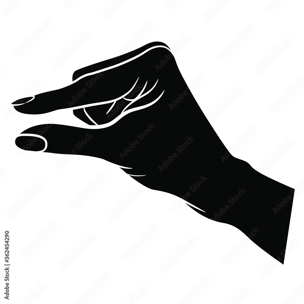 Human hand holding tiny object. Pinch gesture. Cartoon style. Black and ...