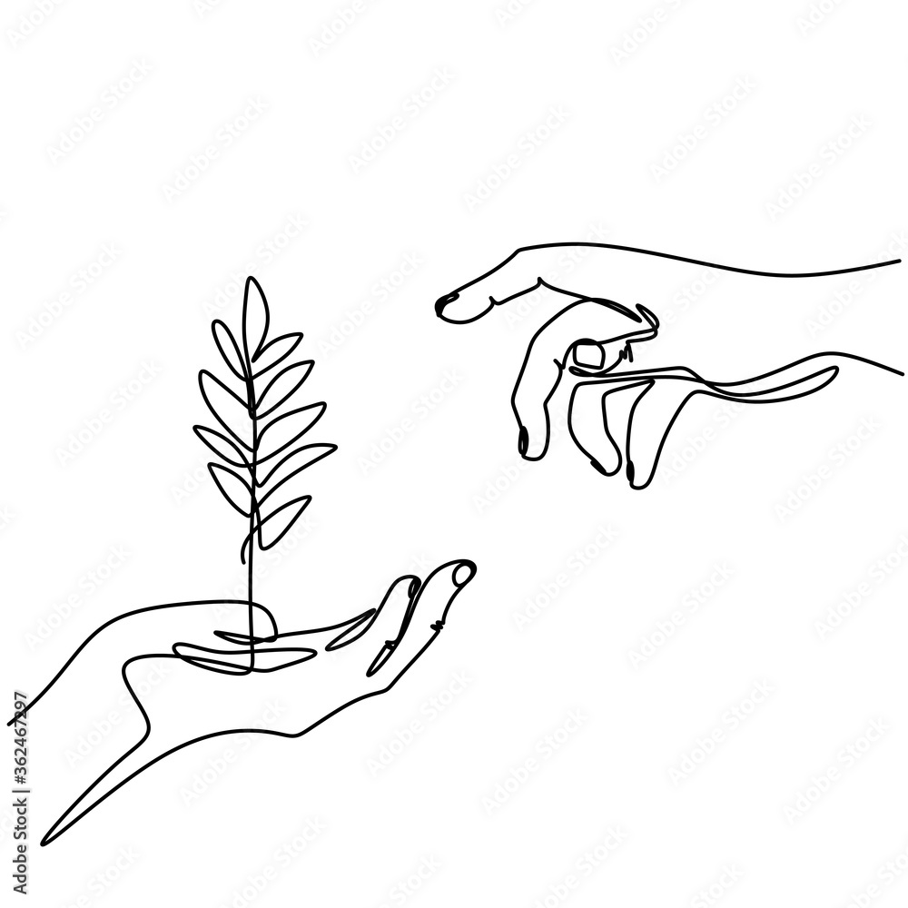 One line drawing of sprout in hand. Seedlings grow in the hands of ...
