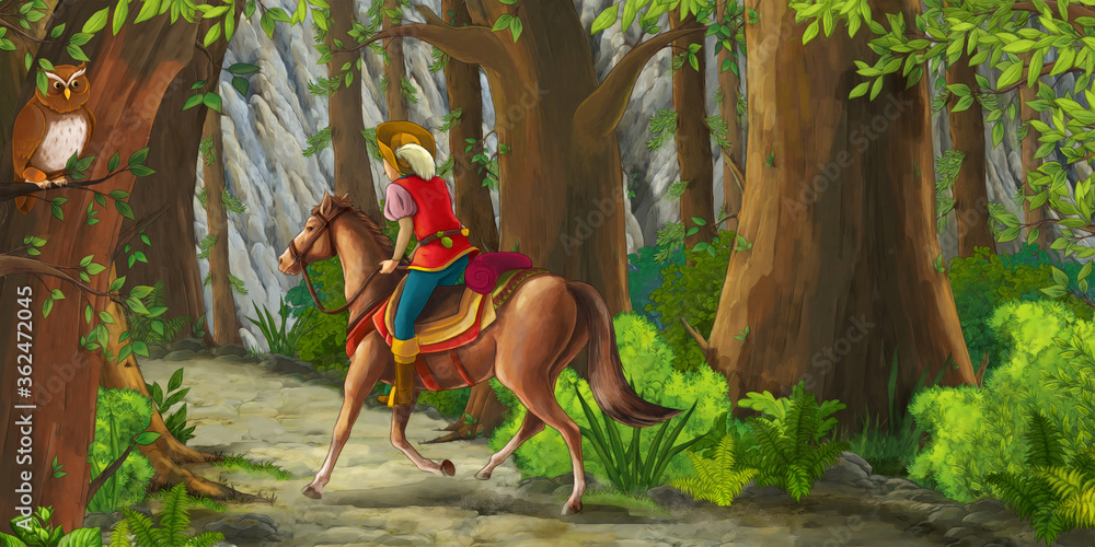 cartoon scene with prince in the journey on the horse riding through ...
