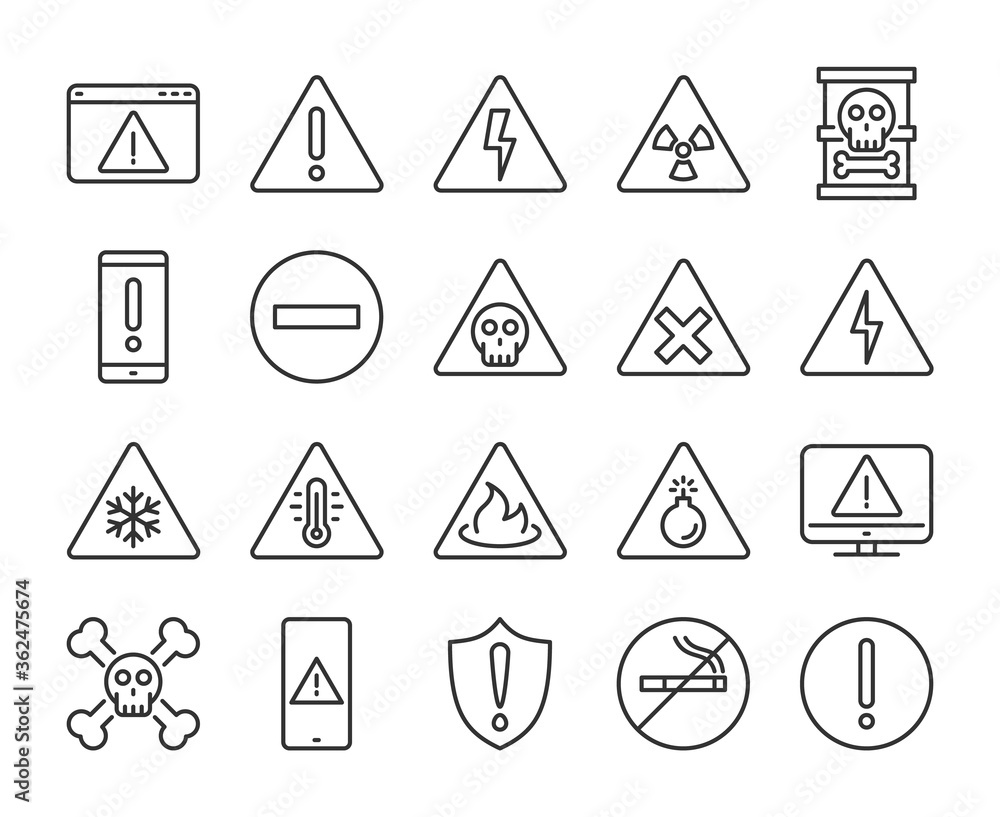 Warning icons. Warnings line icon set. Vector illustration. Editable ...