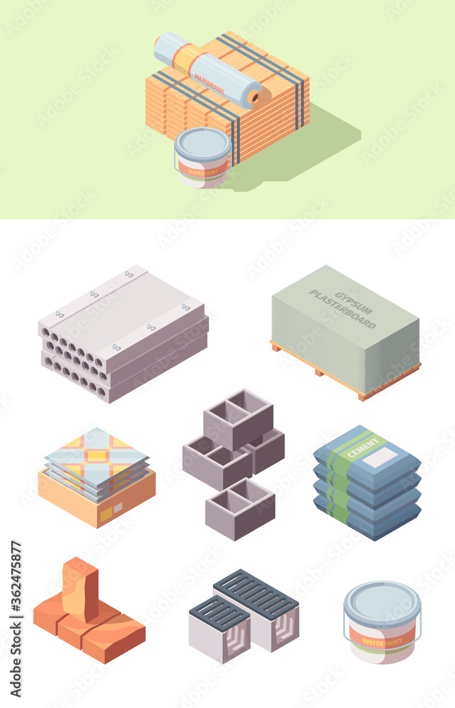 Building construction materials isometric set. Bobbin linoleum bucket ...