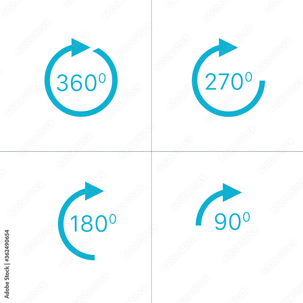 Rotation icon, 360, 270. 180. 90 degrees view or rotation sign icons ...