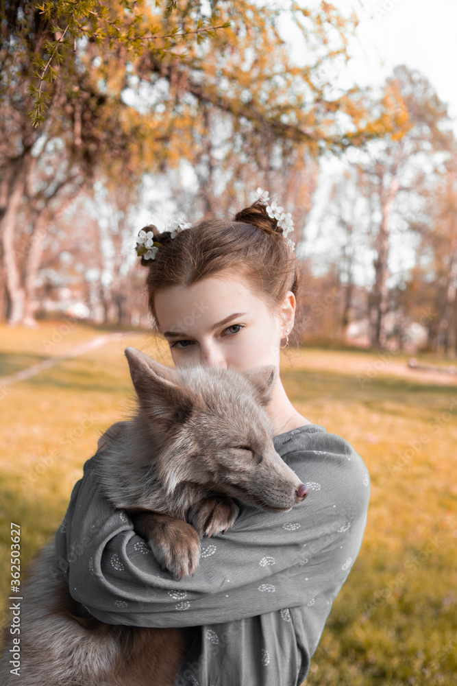 Beautiful red-haired girl with a fox in her arms against the background ...