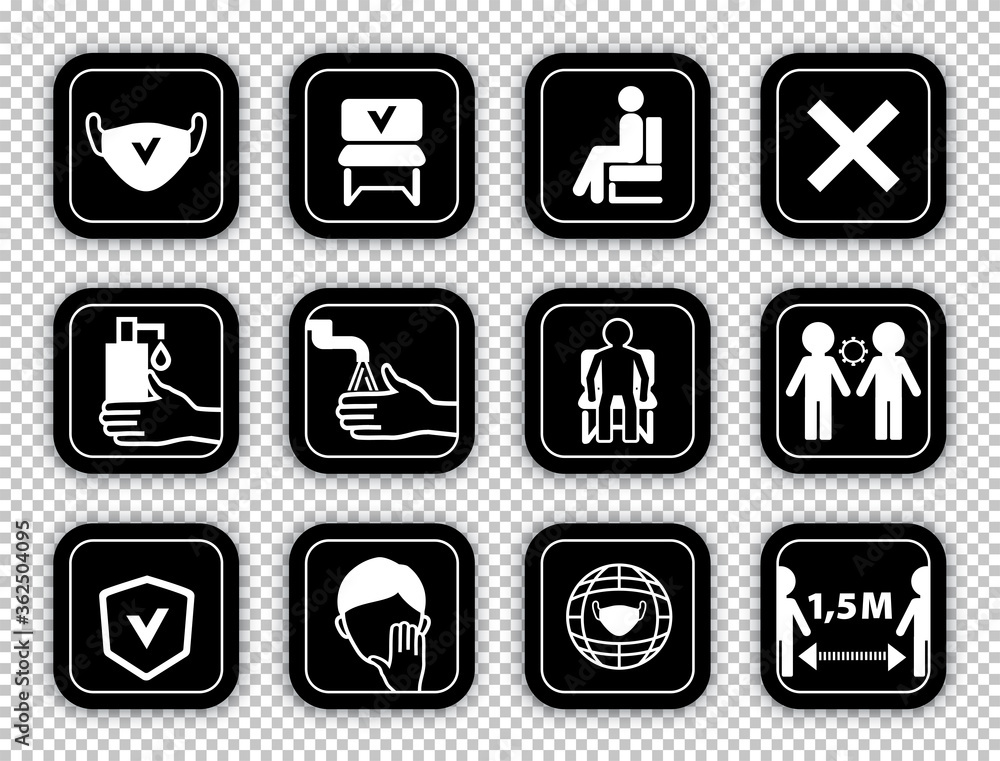 Warning black signs on transparent background.. Keep distance between ...