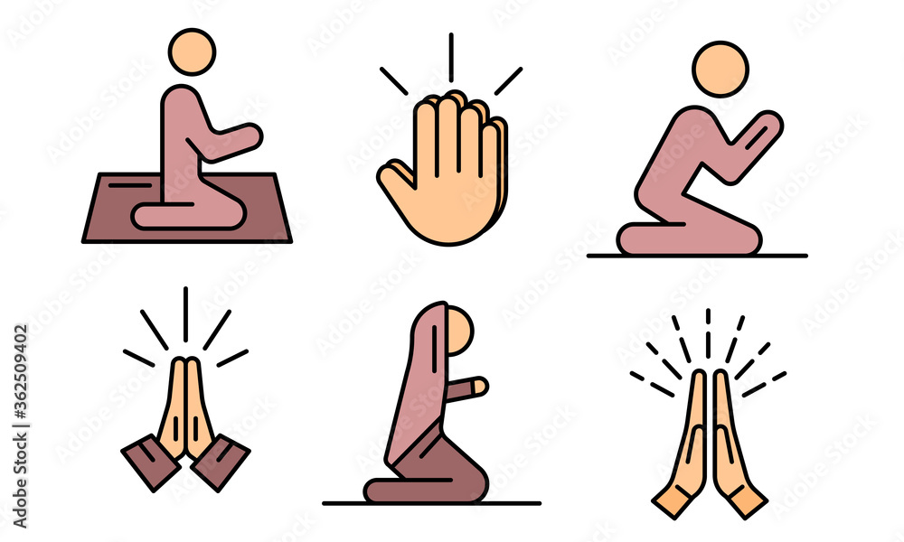 Prayer icons set. Outline set of prayer vector icons thin line color ...