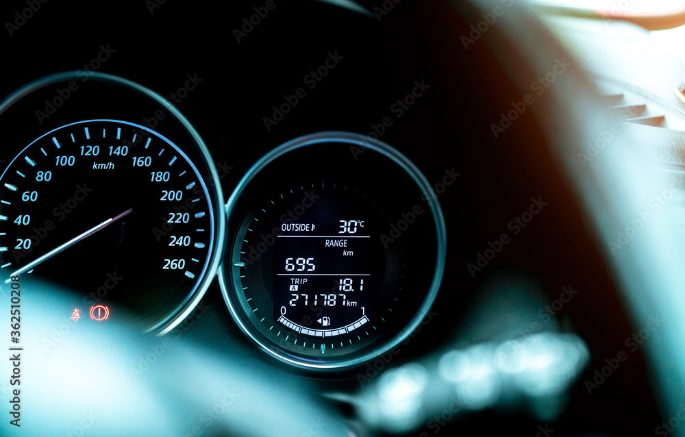 Closeup car fuel gauge dashboard panel. Gasoline indicator meter and ...