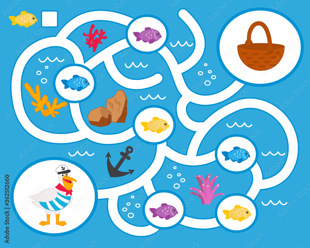 Vector maze game for preschool children. Learn count. Help the pelican ...