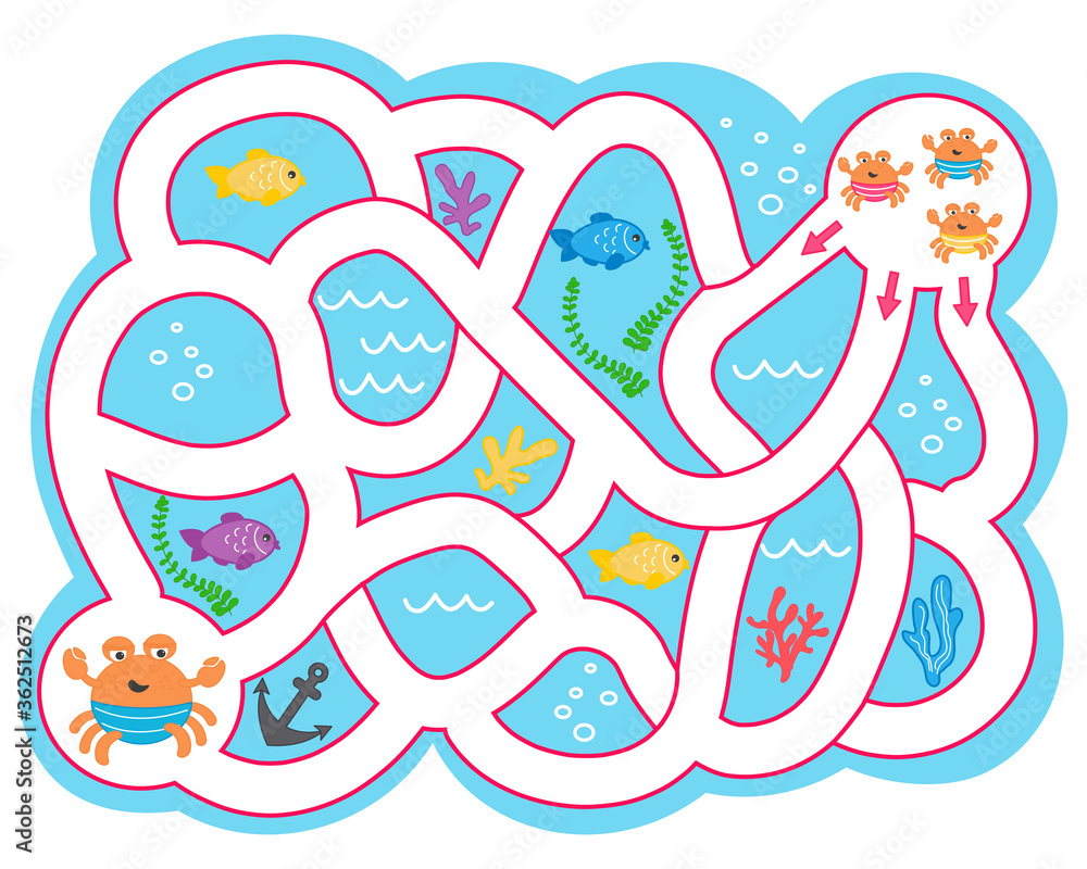 Vector maze game for children. Help the crab collect the fish and get ...