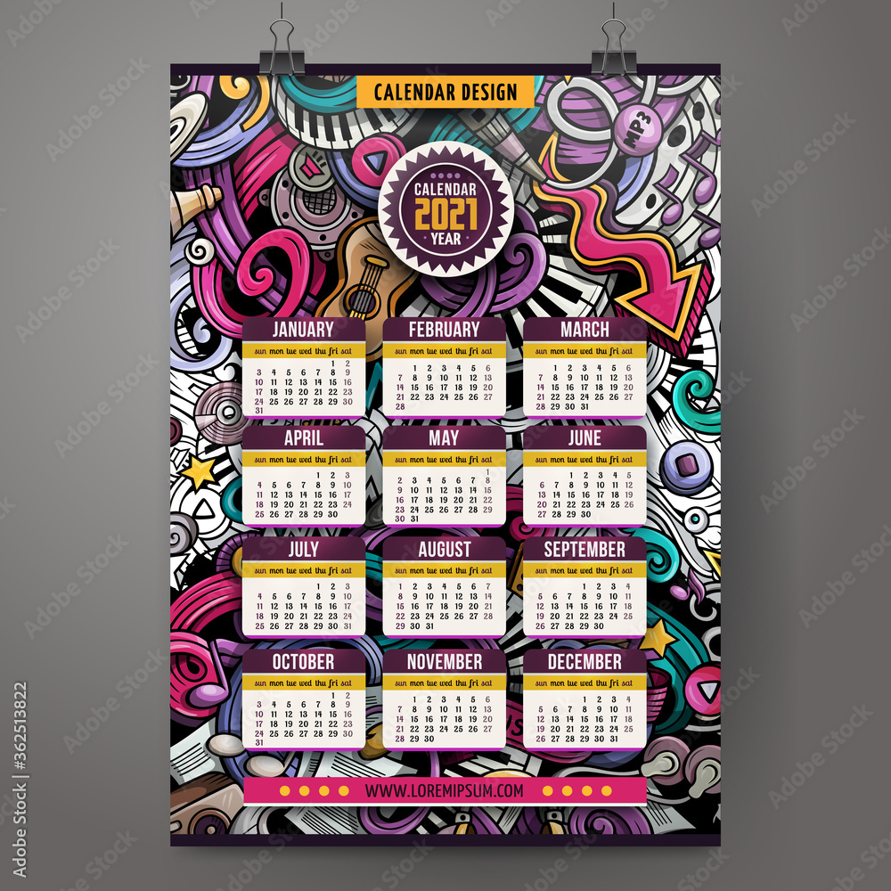 Cartoon colorful hand drawn doodles Musical 2021 year calendar template ...