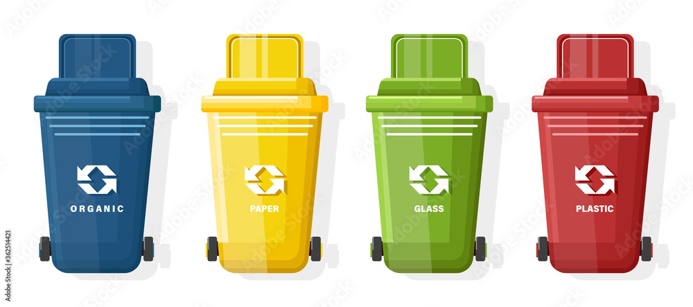 Set of Blue, yellow, green and red trash can with lid and ecology sign ...