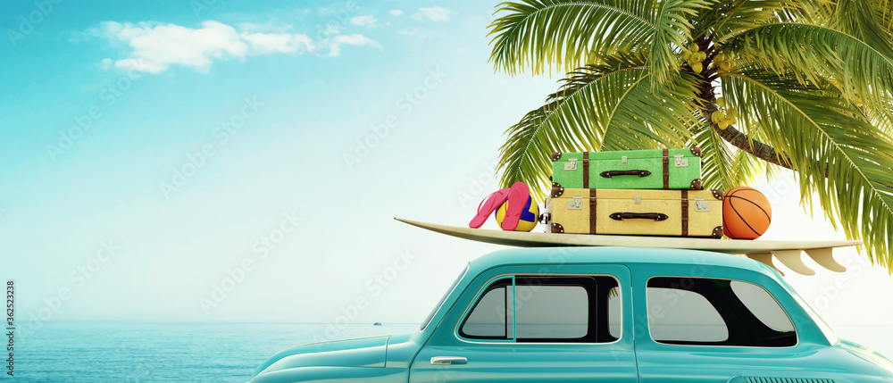 car with surfboard and luggage on top on the beach in front of the ...