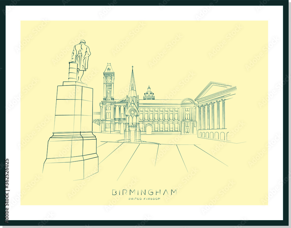 Birmingham urban sketch poster, vector illustration and typography ...