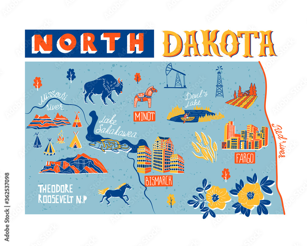 Illustrated map of North Dakota, USA. Travel and attractions. Souvenir ...