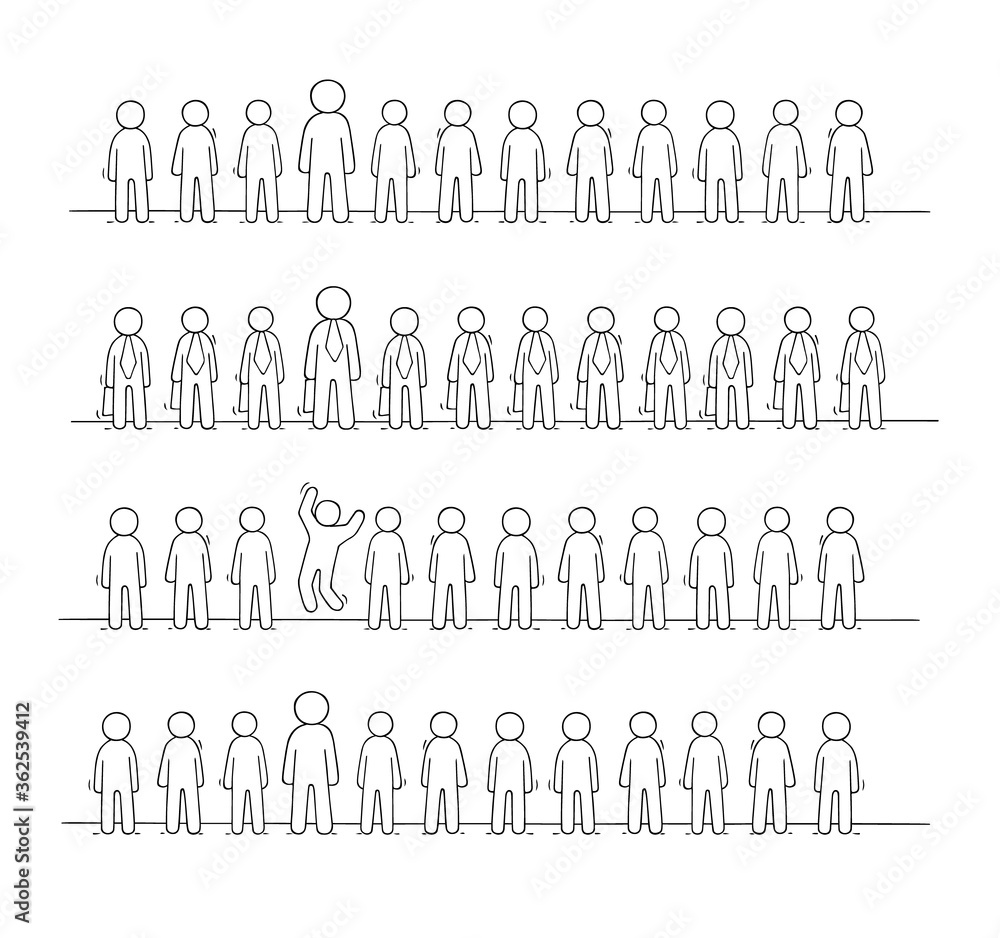 Cartoon working little people stand in a row. Stock Vector | Adobe Stock
